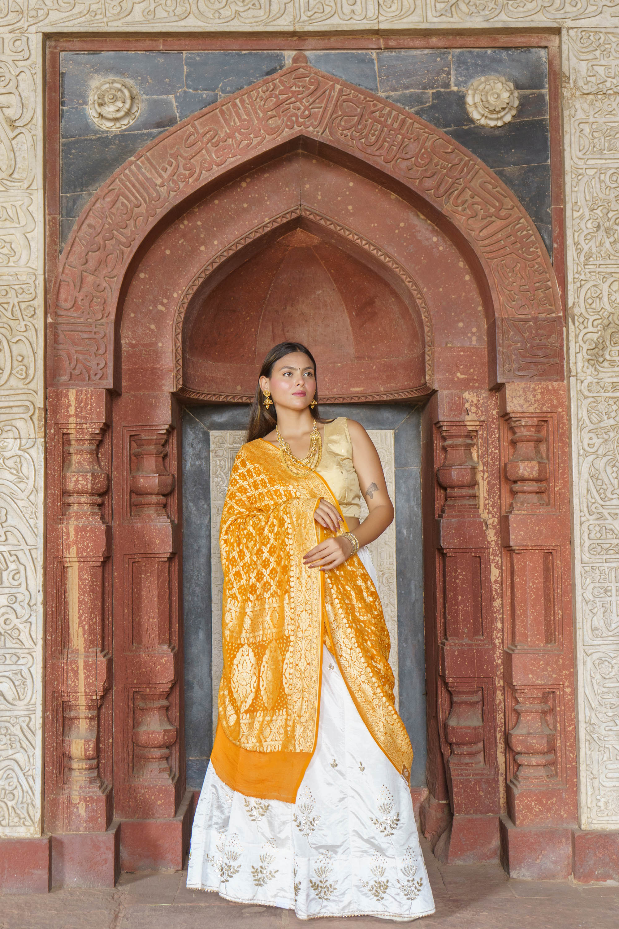 The Parampara - Mustard Pure Georgette Bandhani Handloom Dupatta 18907