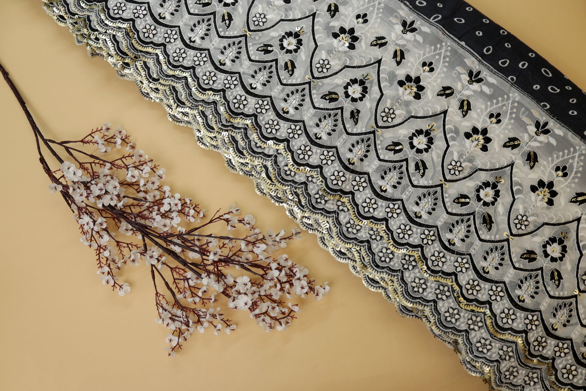 Black Floral patten with threadwork and sequins all over on cotton fab