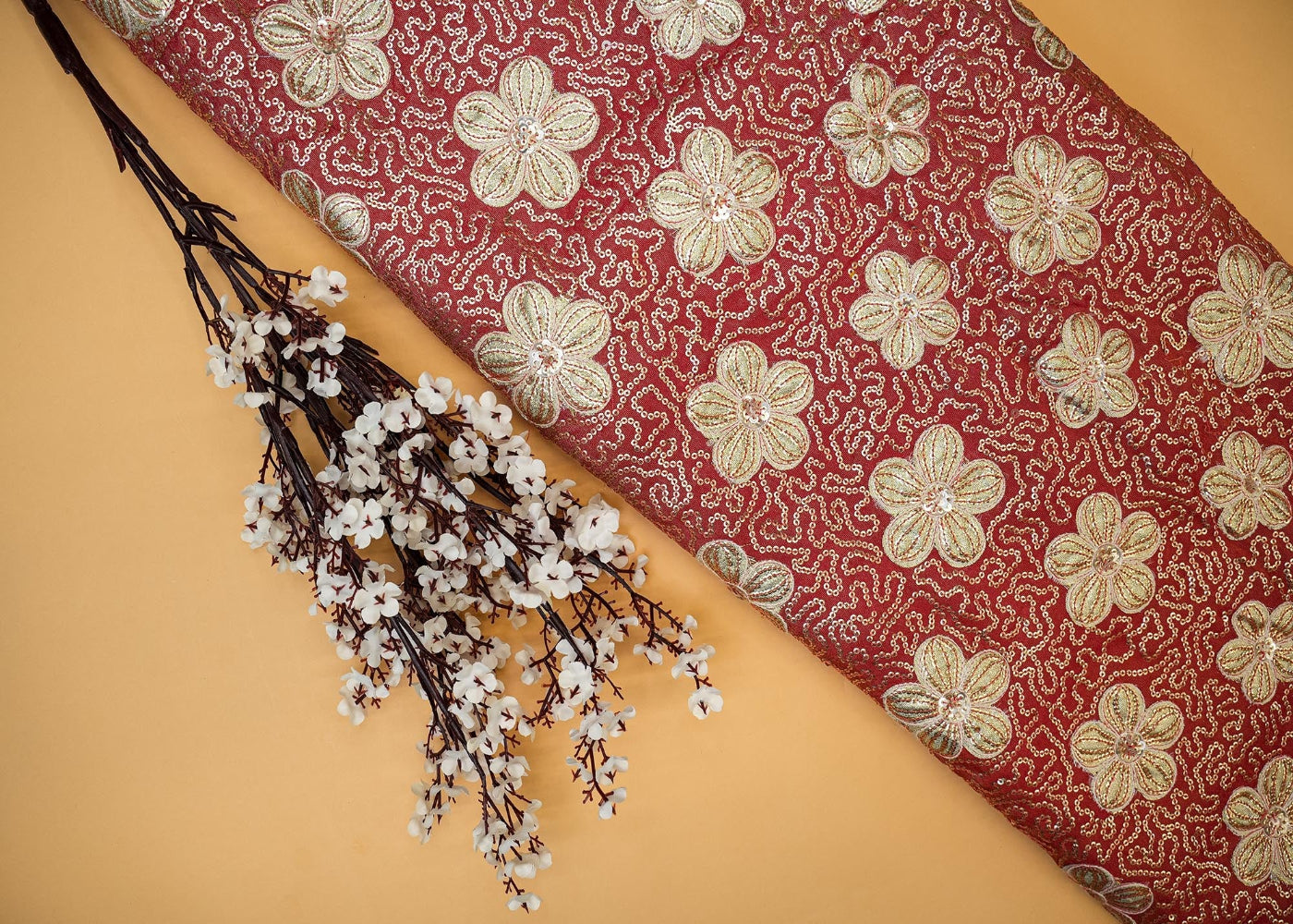 Red Floral Tissue with Sequins, Gota Patti & Threadwork 10068