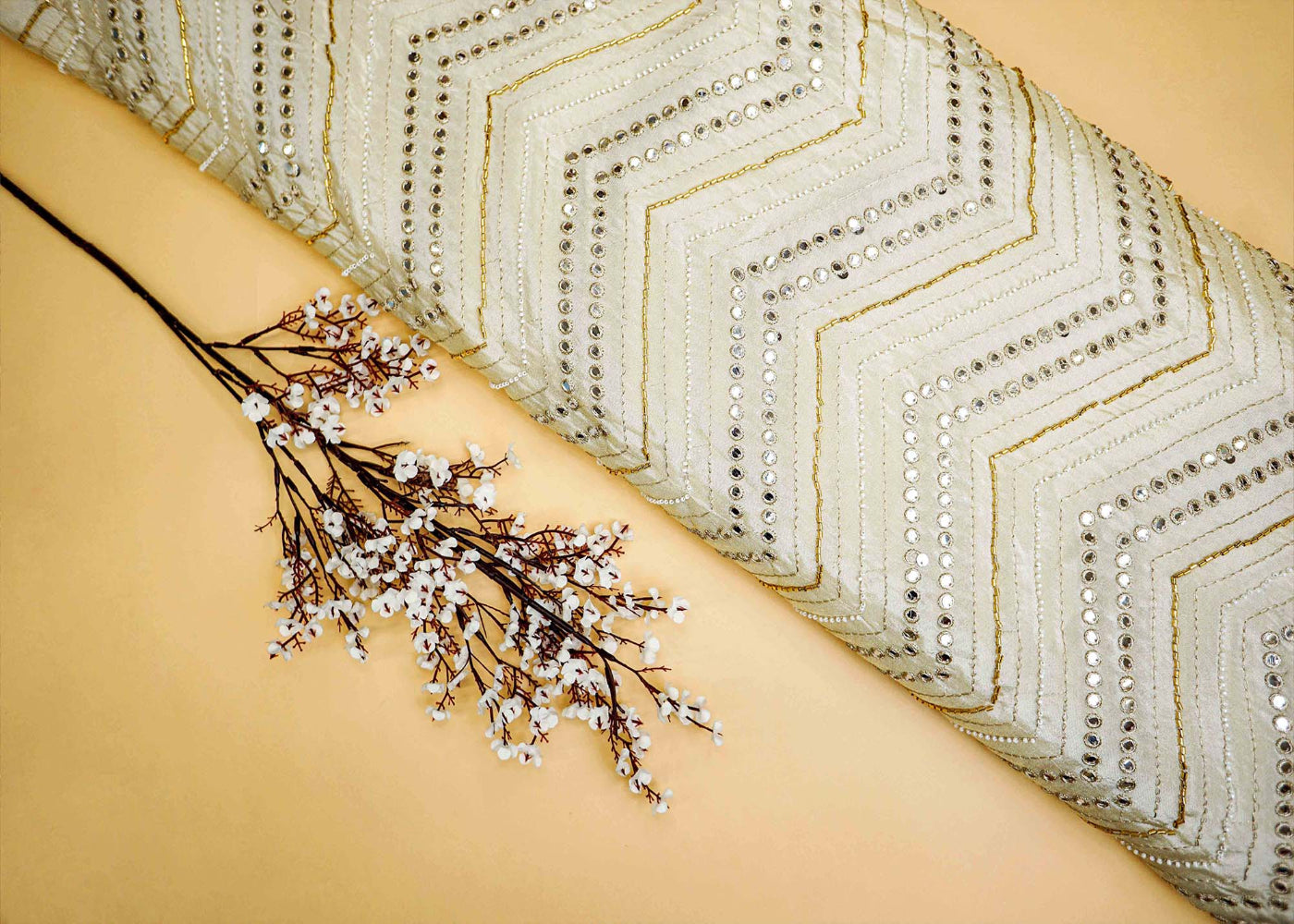 The Noor - Golden Tissue Fabric With Faux Mirror ,Beads, Katdana And Z