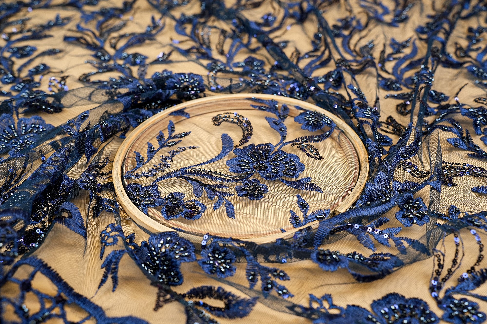 (Pre-Cut 2 Mtr) Navy Blue Imported Net with Handwork and Scalloped Bor