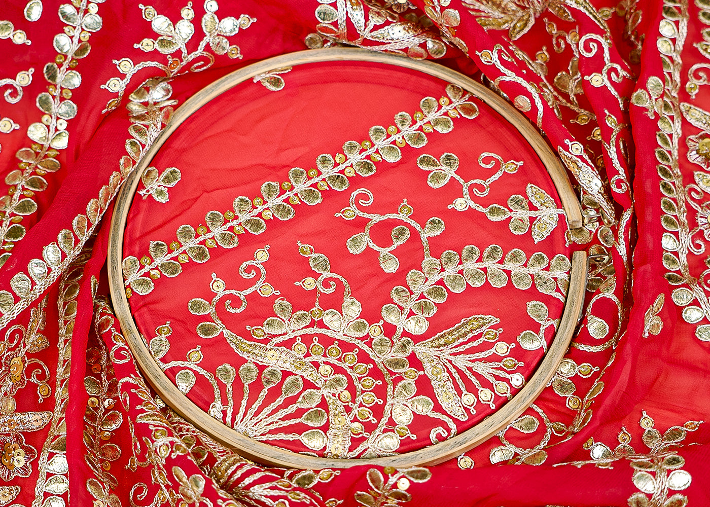 (Pre-Cut 0.6 Mtr) Pink Georgette with Golden Gota Patti, Sequins, and