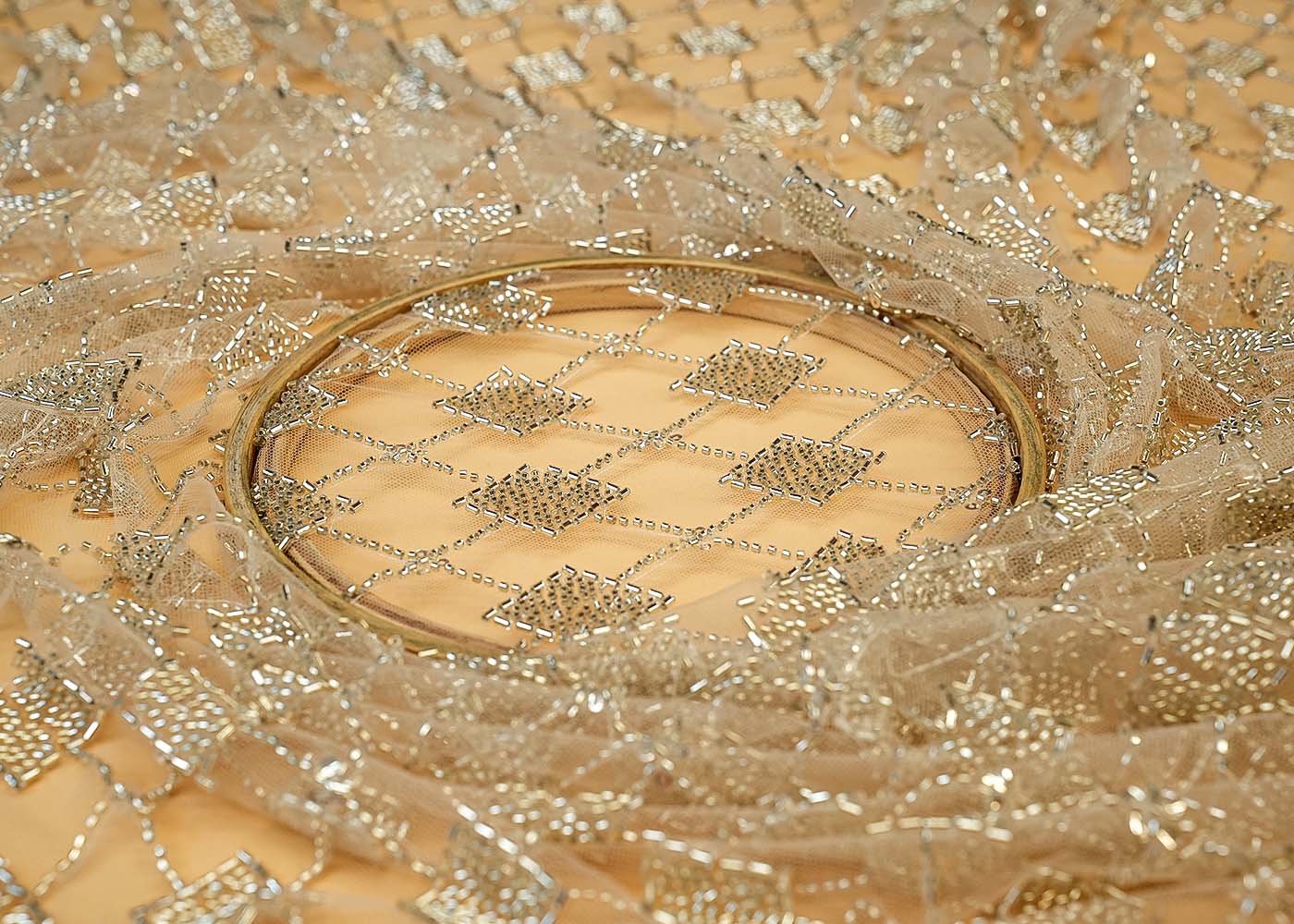 (PRE-CUT 1.7MTR) Beige Imported Net with Allover Katdana and Bead Work