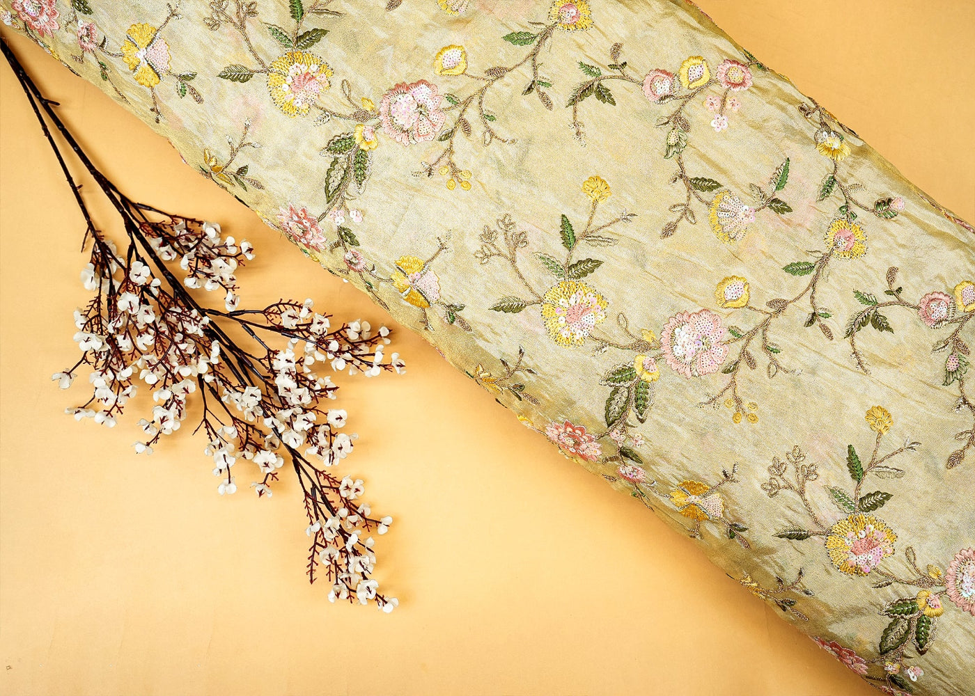 Rainbow Radiance Tissue Fabric with Multicolor Threadwork, Sequins, an