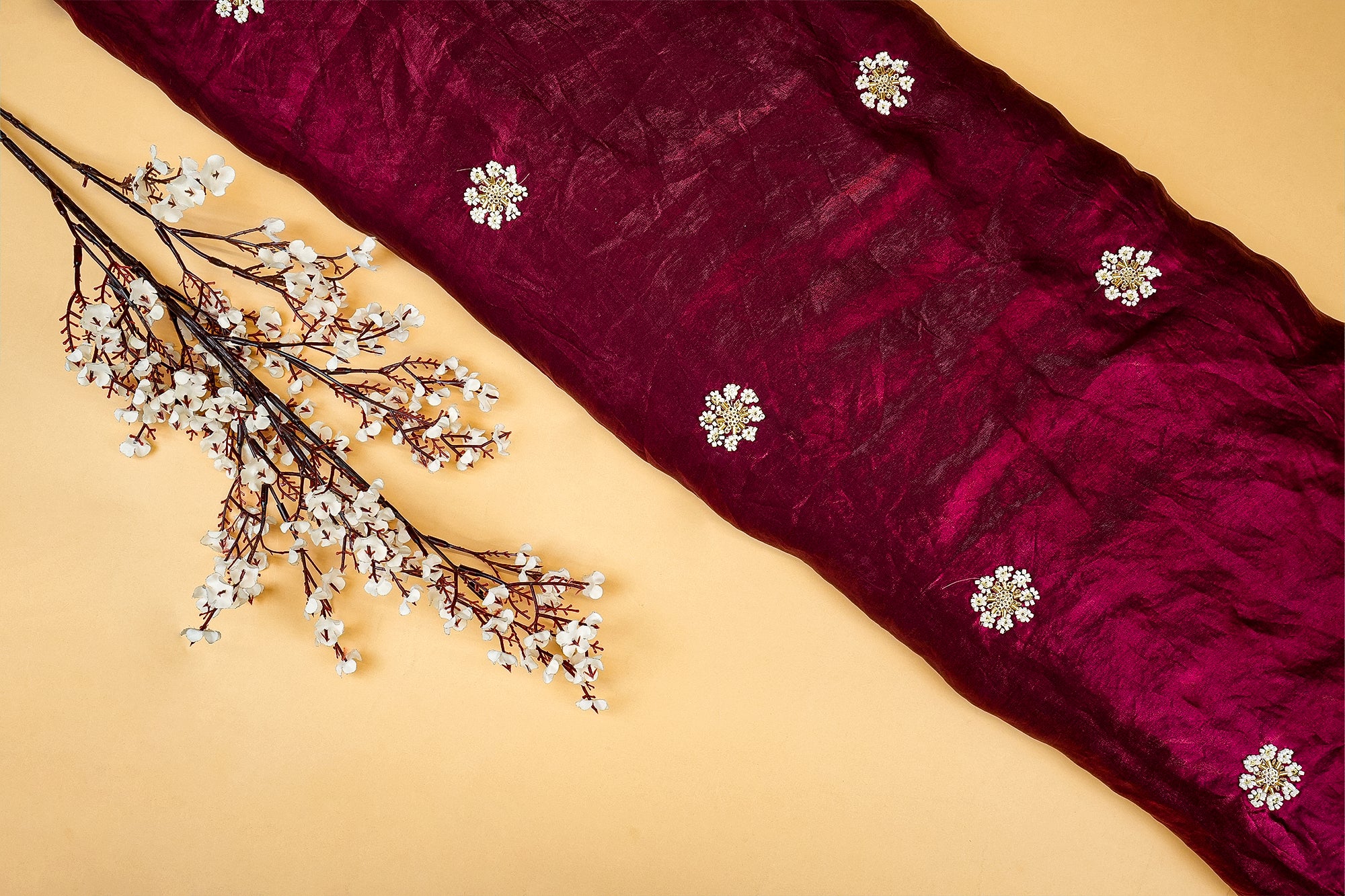 Wine Diamond Radiance Tissue Fabric with All-Over Butti of Golden Sequ