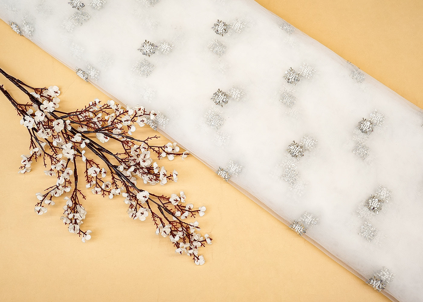 Silver Elegance Net Fabric with All-Over Buti Work of Pearls, Beads, S