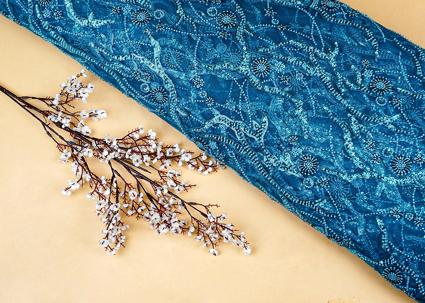 Blue Imported Net Fabric with All Over Katdana, Bead, and Sequins Work