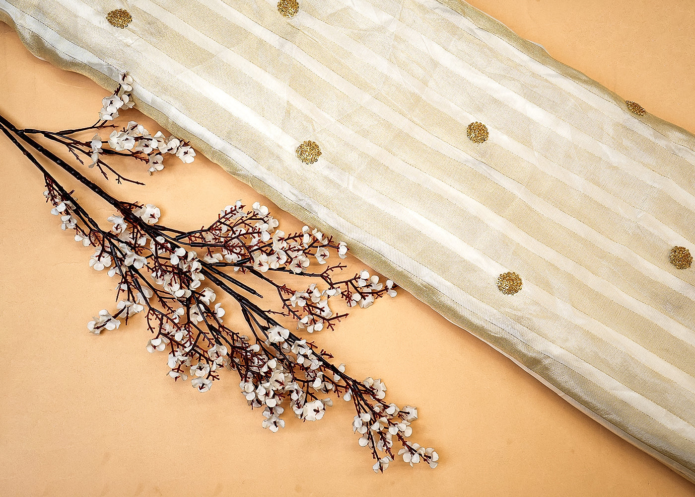 The Noor White Organza Tissue Fabric Buti Sequins Beads 12214