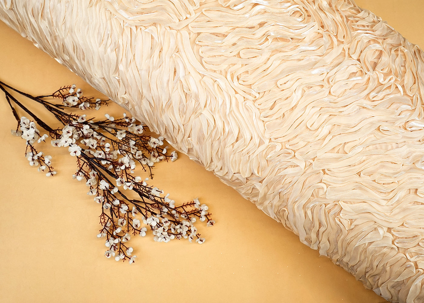 Imported Beige Net Fabric with Allover Pleated Ribbon Work