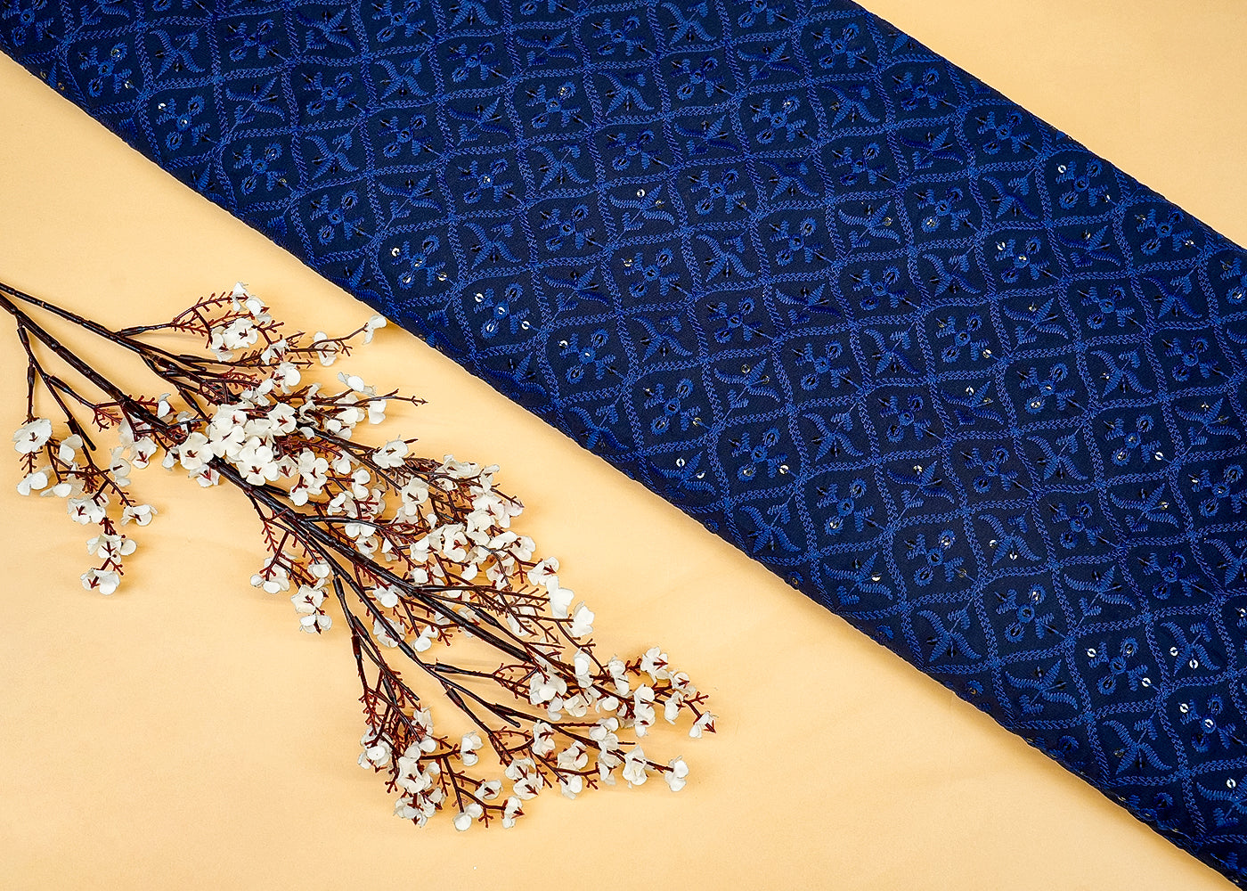 Navy Blue Georgette Fabric with Allover Thread and Sequins Work 13085