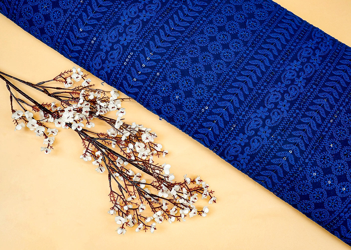 Navy Blue Georgette Fabric with Allover Thread and Sequins Work 13106