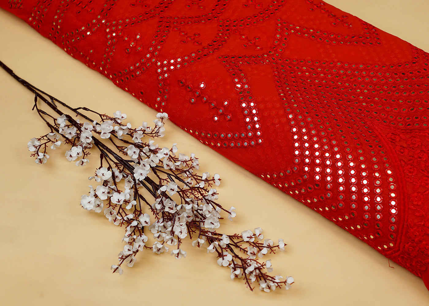 Red Georgette Fabric with Allover Faux Mirror and Thread Work with Bor