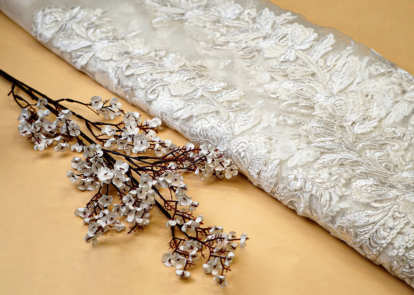 White Net Fabric with Allover Thread Work 13235