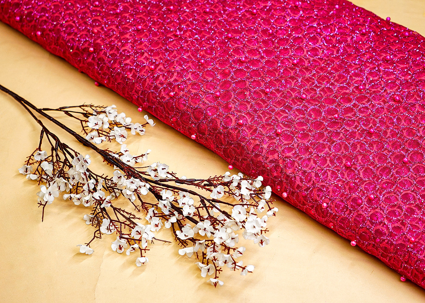 Hot Pink Net Fabric with Allover Glitter and Pearl Work 13241