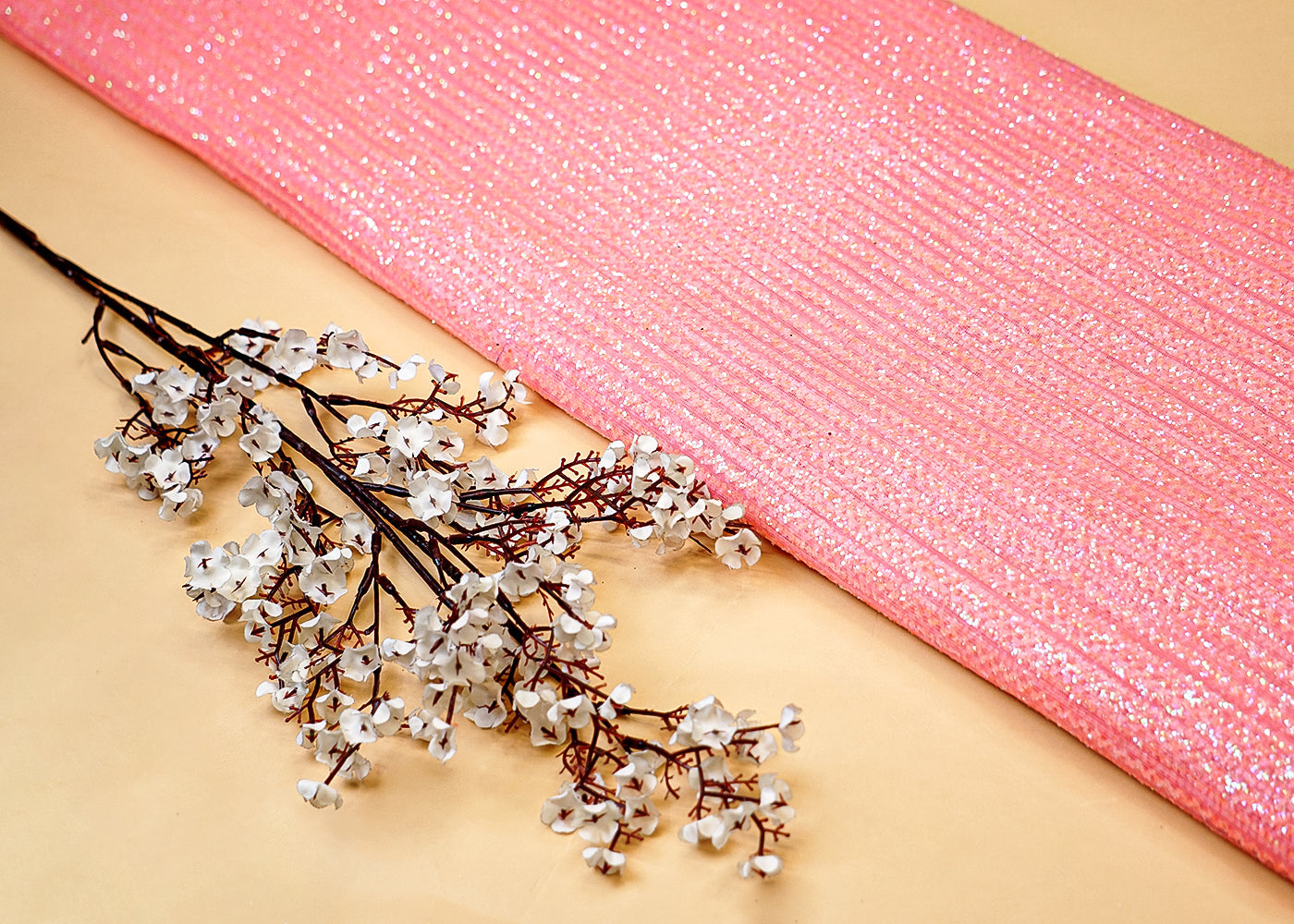 Baby Pink Net Fabric with Allover Glitter Work 13243