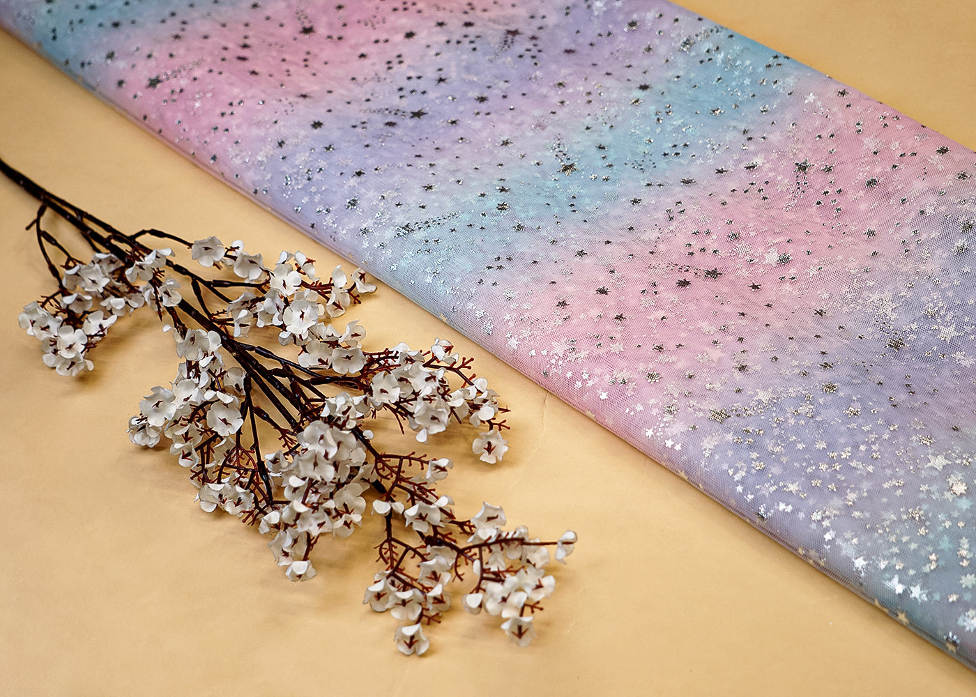 Pastel Blue & Pink Net Fabric with Allover Stars of Foil 13248