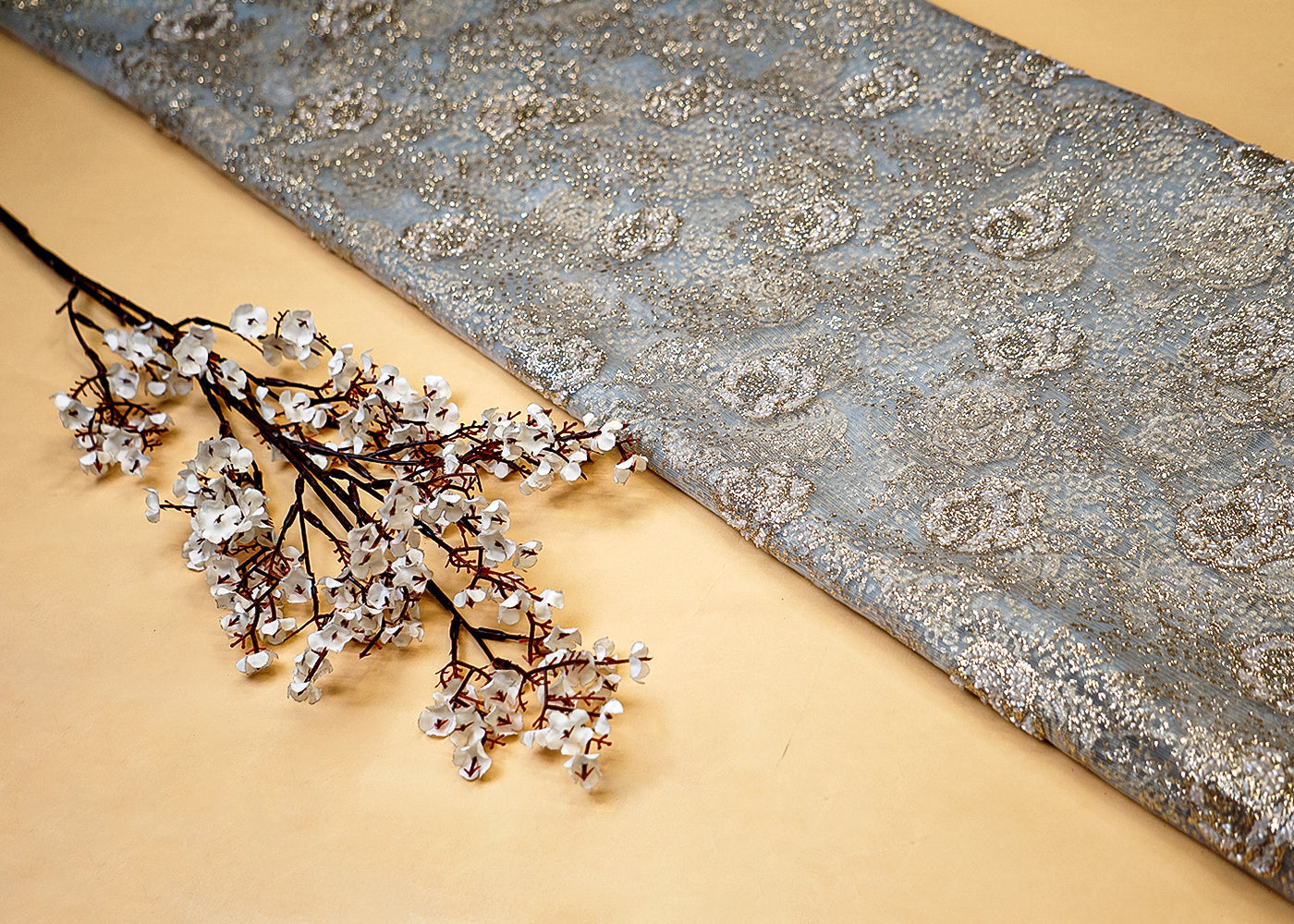 Light Grey Net Fabric with Allover Glitter and Katdana Work 13252