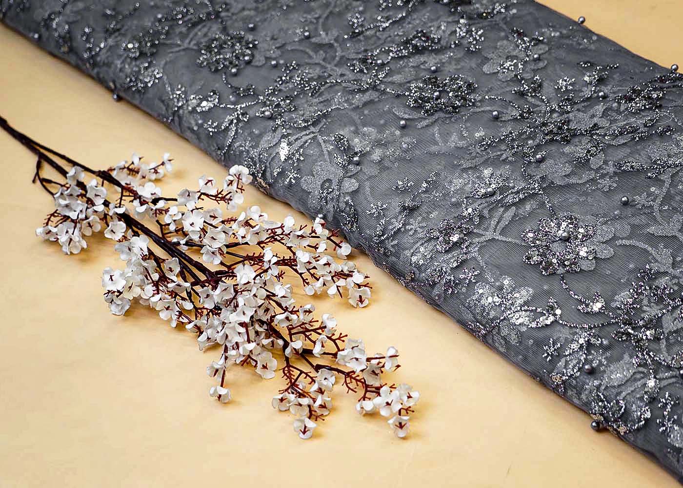 Grey Net Fabric with Allover Glitter, Sequins, and Pearl Work 13263