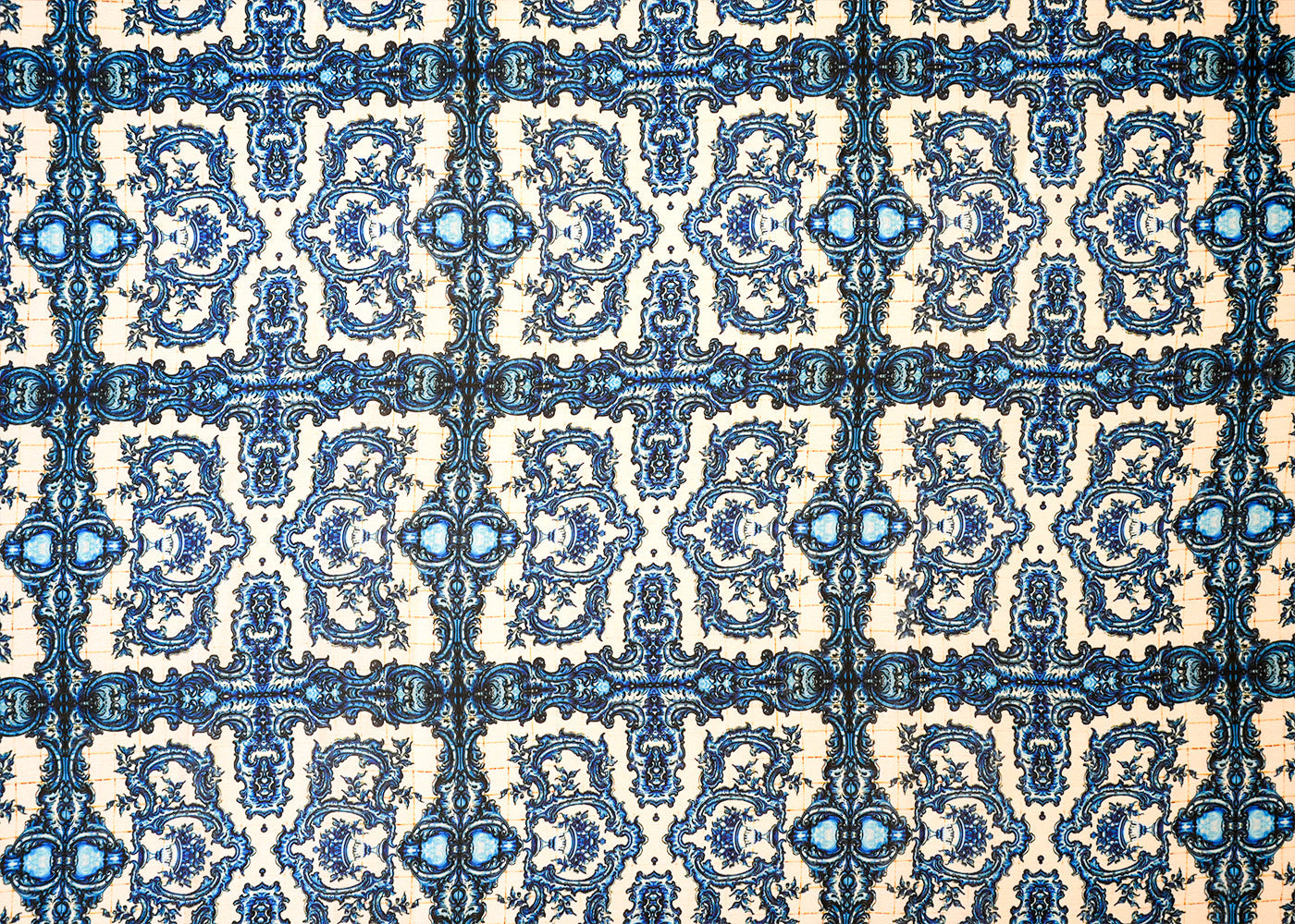 Blue Georgette Satin Fabric All Over Traditional Print 14362