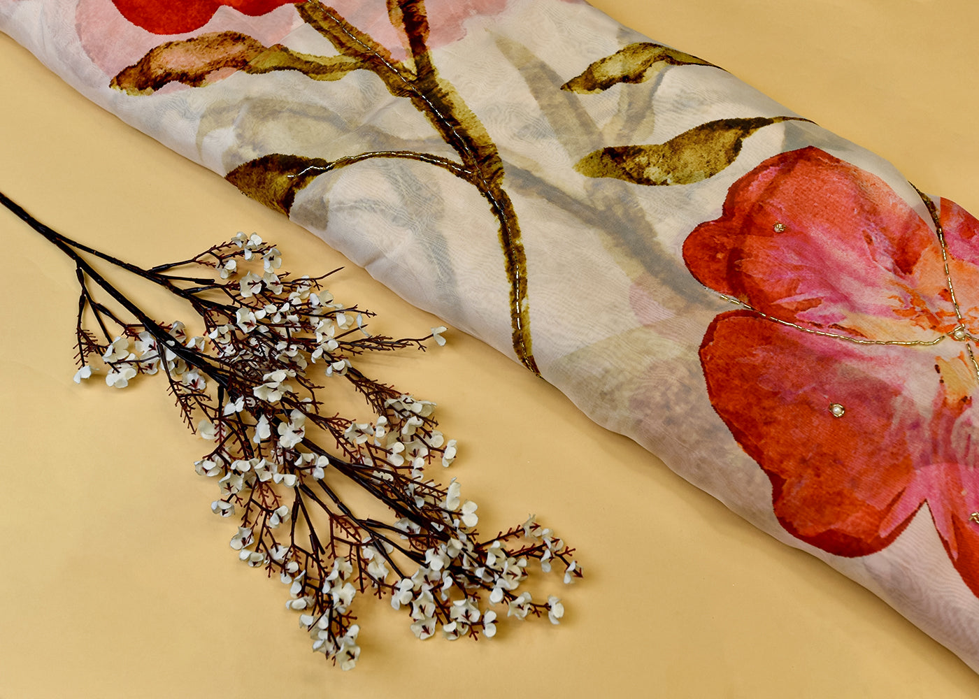 Gajri Organza Fabric with All Over Print, Katdana, and Pearl Work 1522