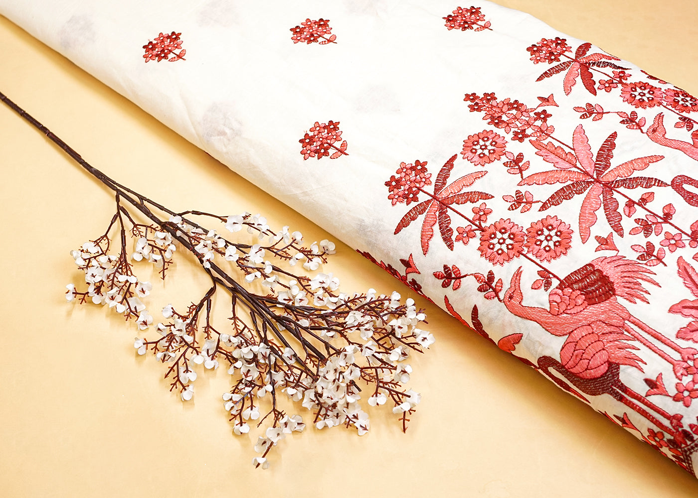 Gajri Cotton Fabric with All-Over Thread Work and One Side Heavy Scall