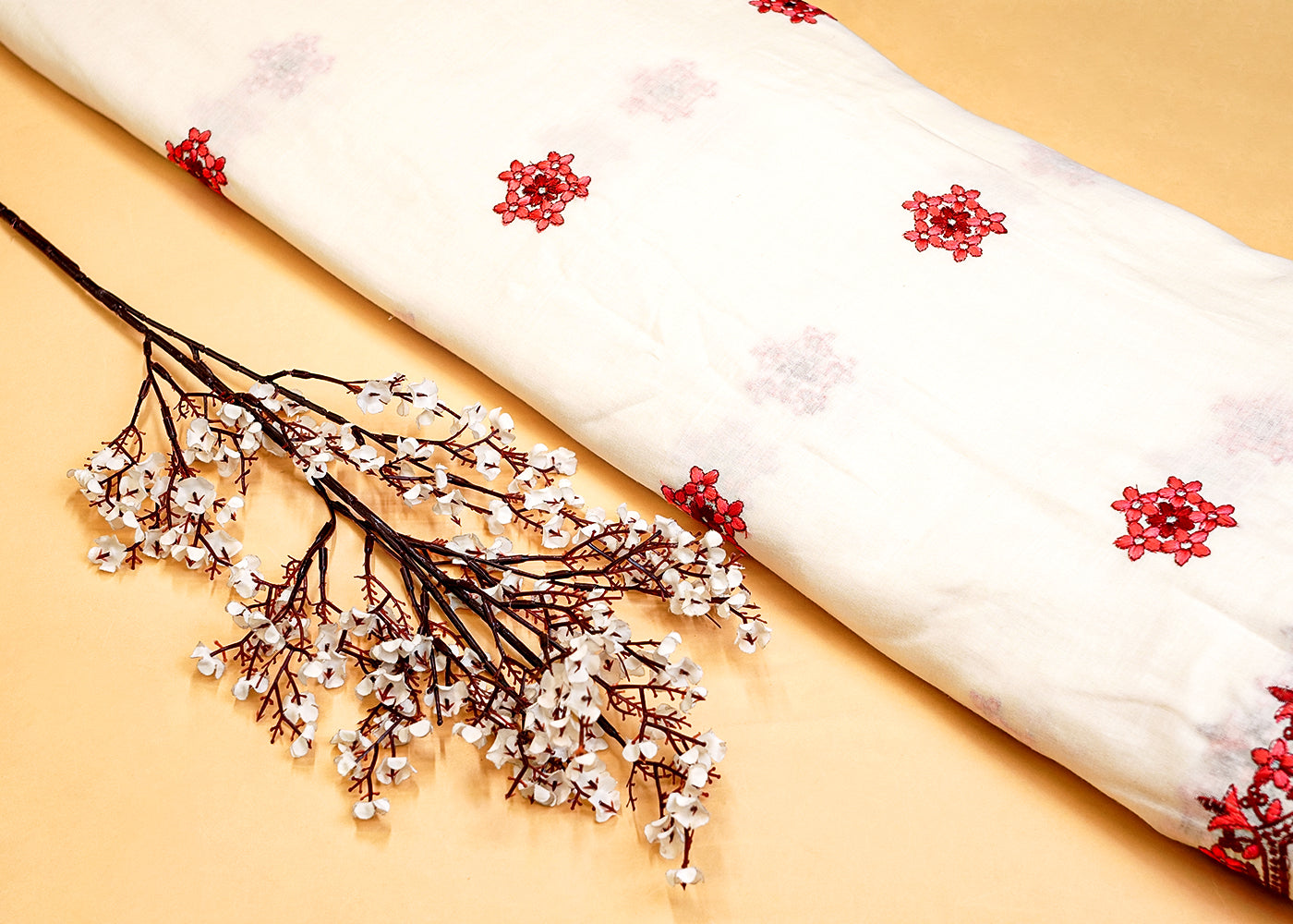 Gajri Cotton Fabric with All-Over Thread Work and Two Side Scalloped B