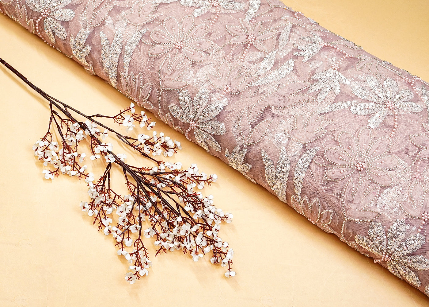 Onion Pink Net Fabric with All Over Appliqué Work with Katdana, Sequin