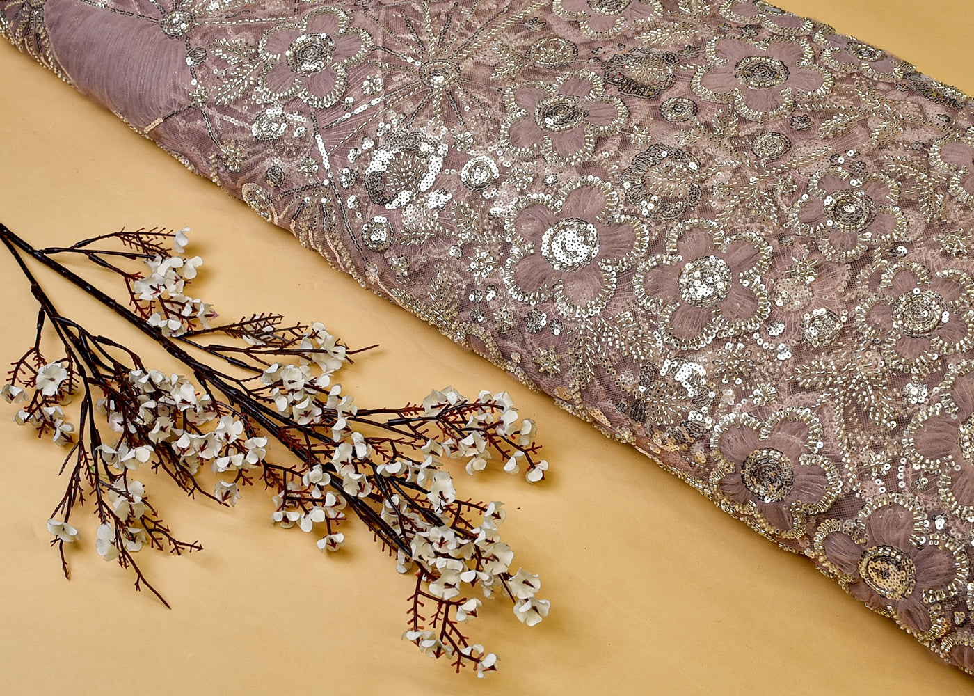 Onion Imported Net Fabric with All Over Appliqué Work with Katdana and