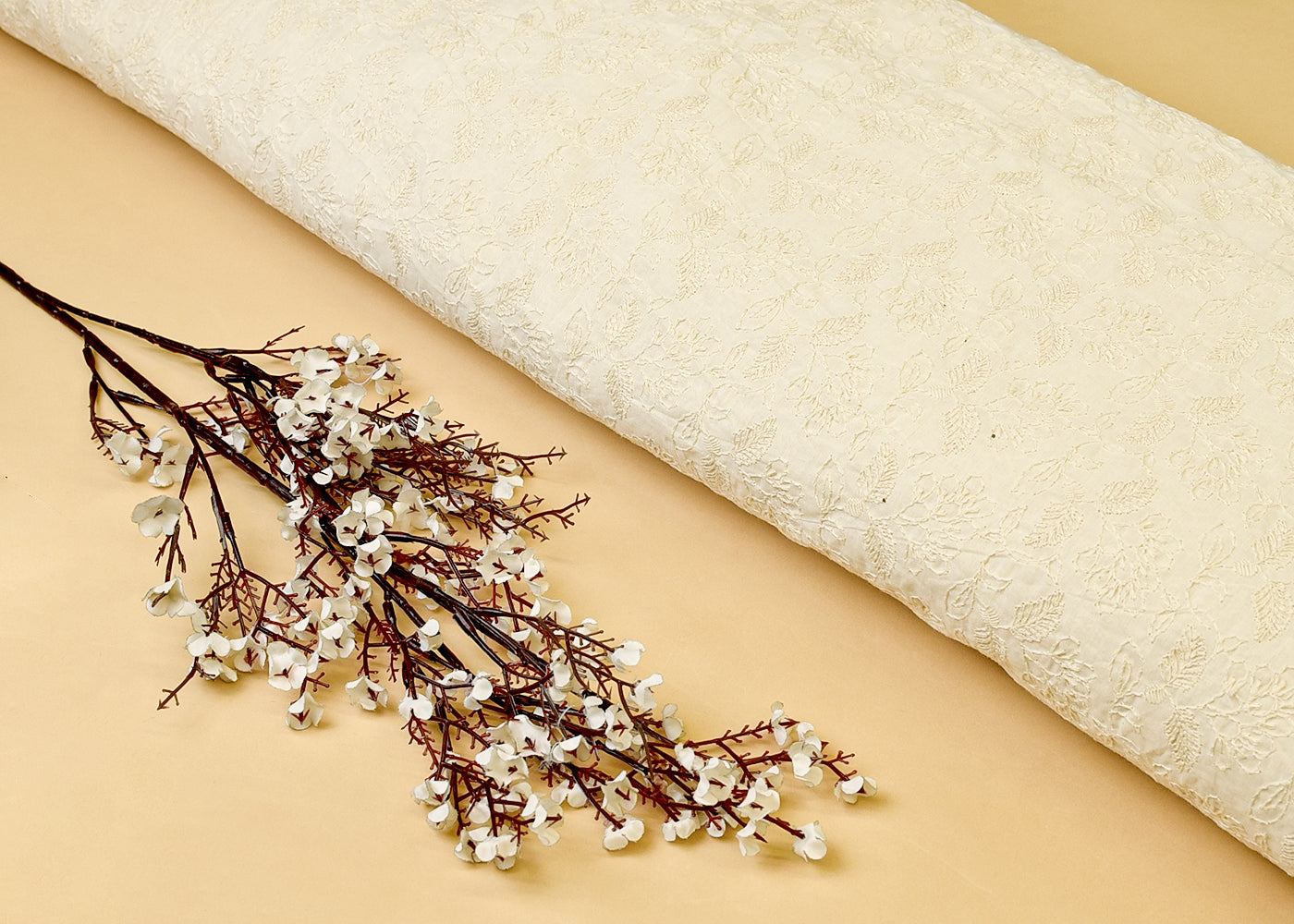 Off-White Kora Cotton Fabric with All Over Thread Work 15313