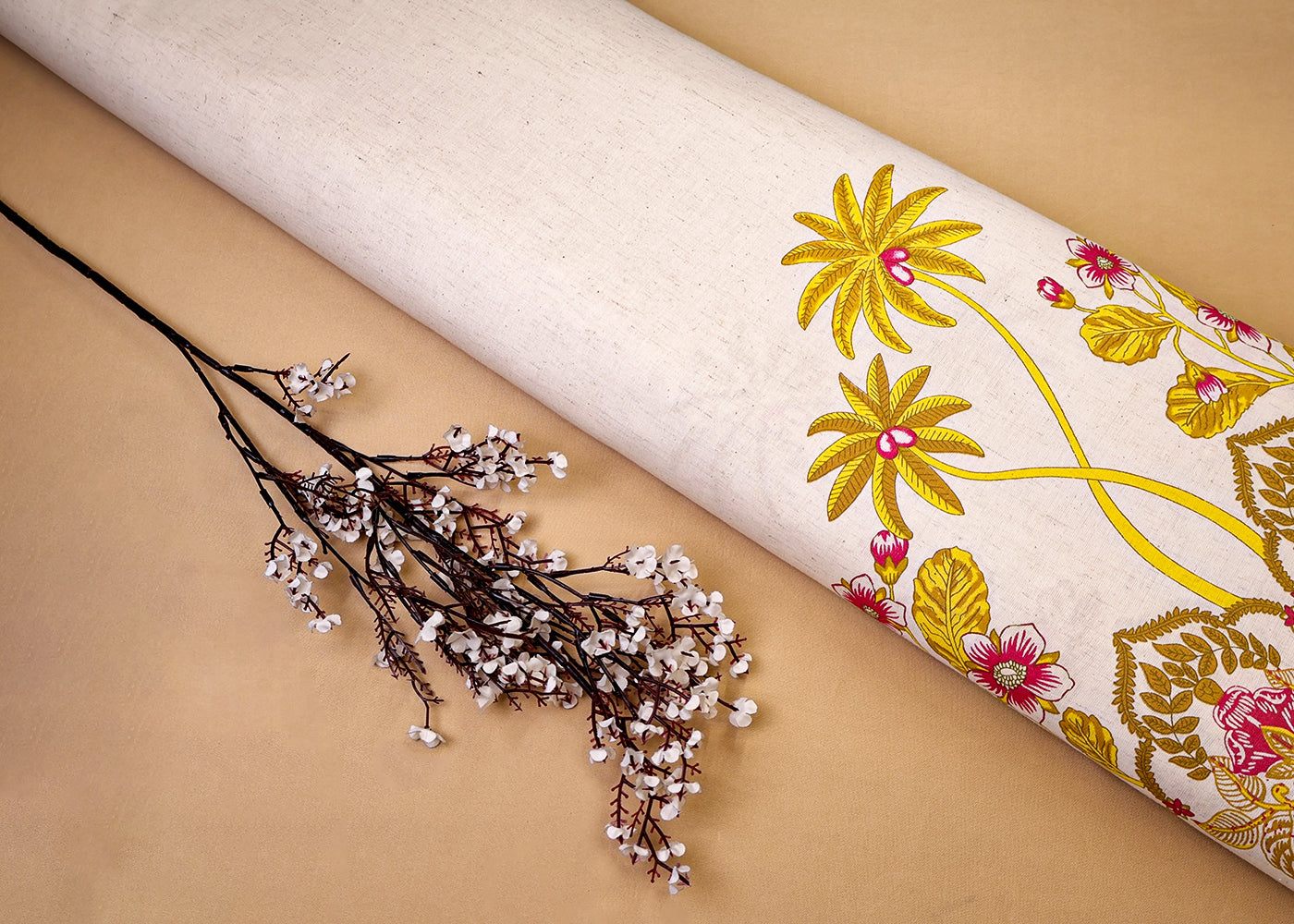 Yellow Cotton Flex Fabric with Hand Block Border Print 15493