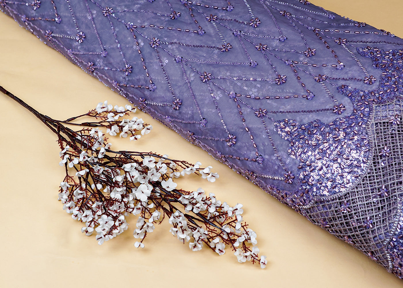 Lavender Imported Jimmy Choo Fabric with All Over Katdana, Bead & Sequ