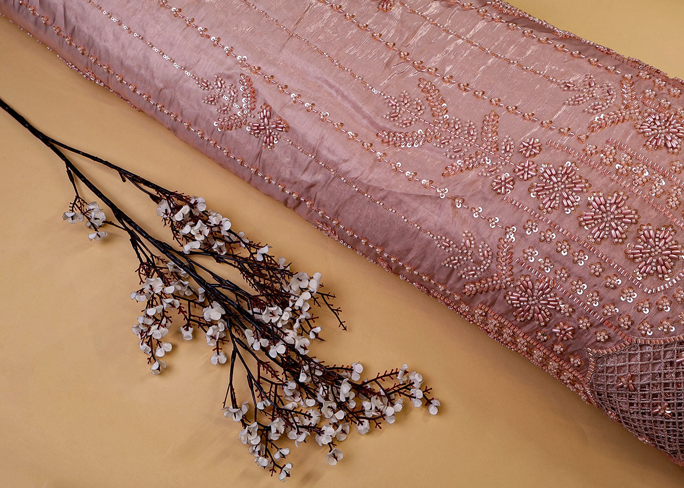 Peach Imported Jimmy Choo Fabric with All Over Katdana, Bead & Sequins