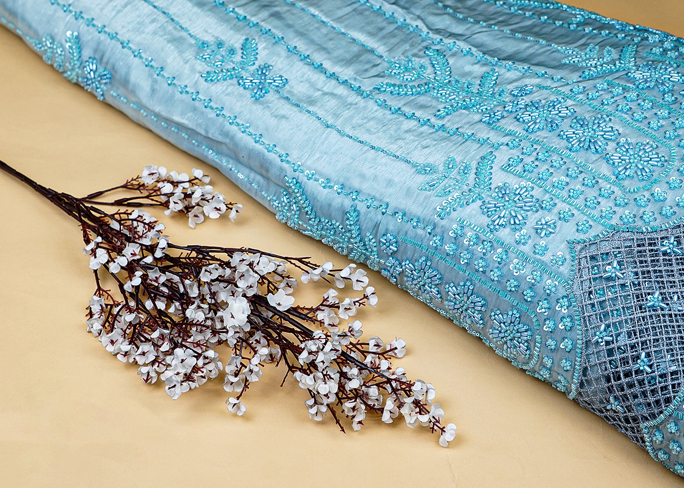 Sky Blue Imported Jimmy Choo Fabric with All Over Katdana, Bead & Sequ