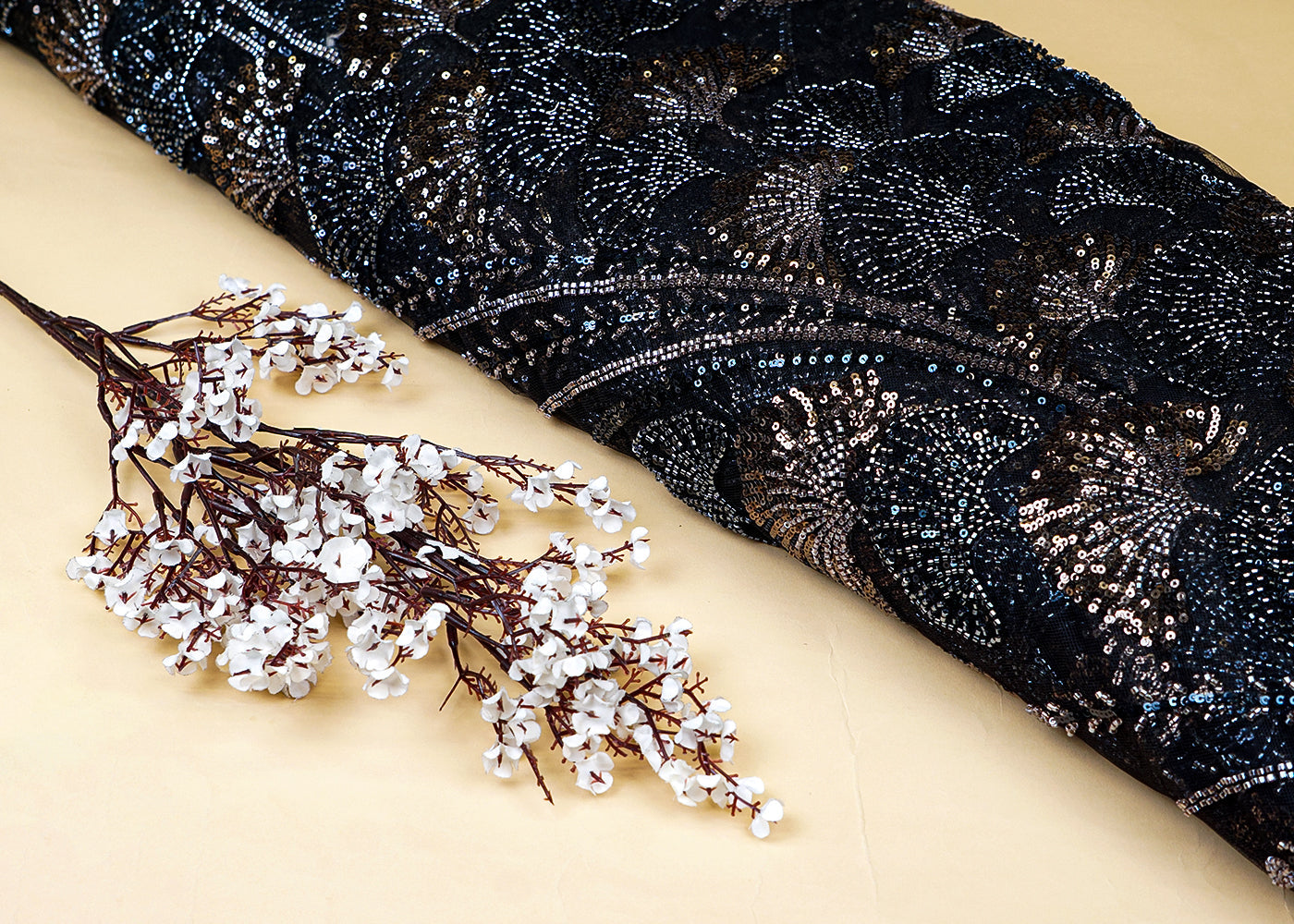 Black Net Fabric With All Over Bead And Sequins Work 15531