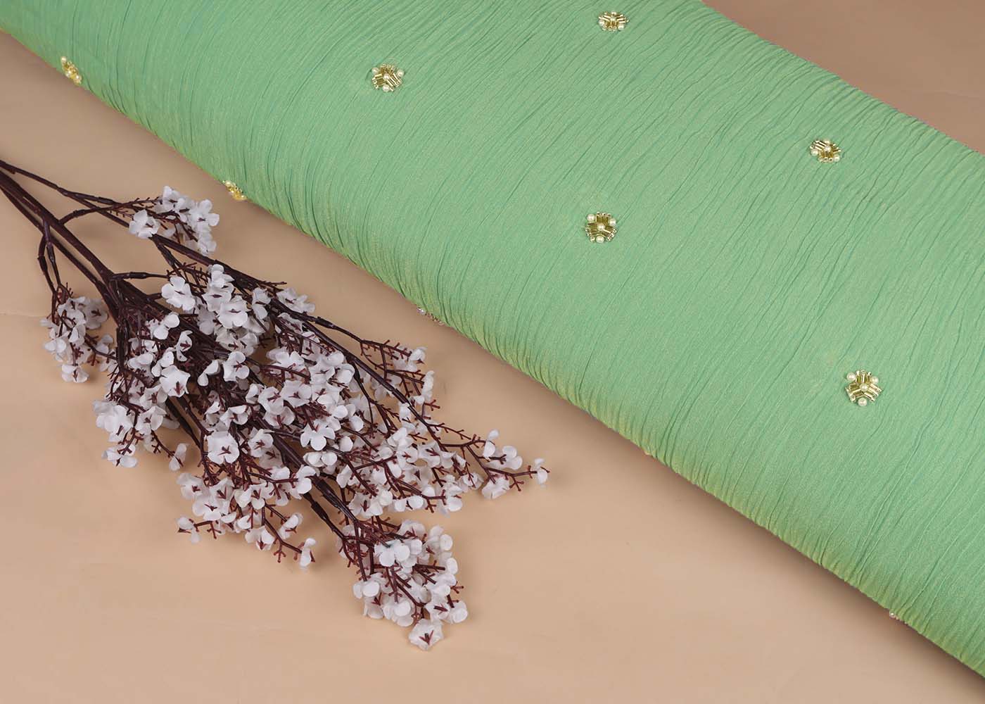 Aqua Green Crushed Tissue Fabric with All-Over Bead, Sequins & Katdana