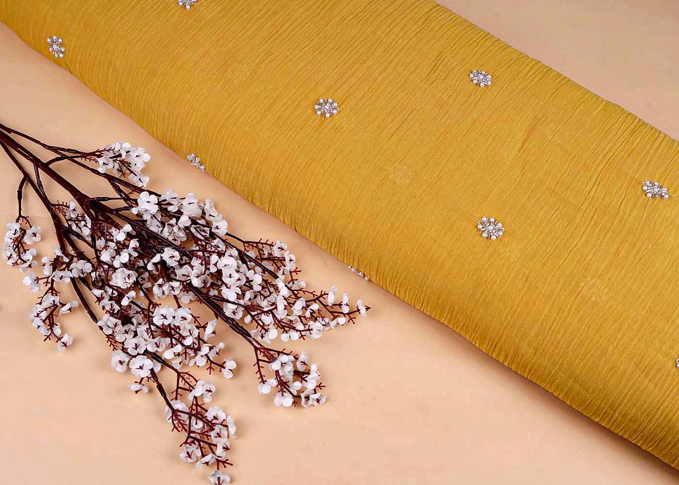 Yellow Crushed Tissue Fabric with All-Over Bead, Sequins & Katdana But