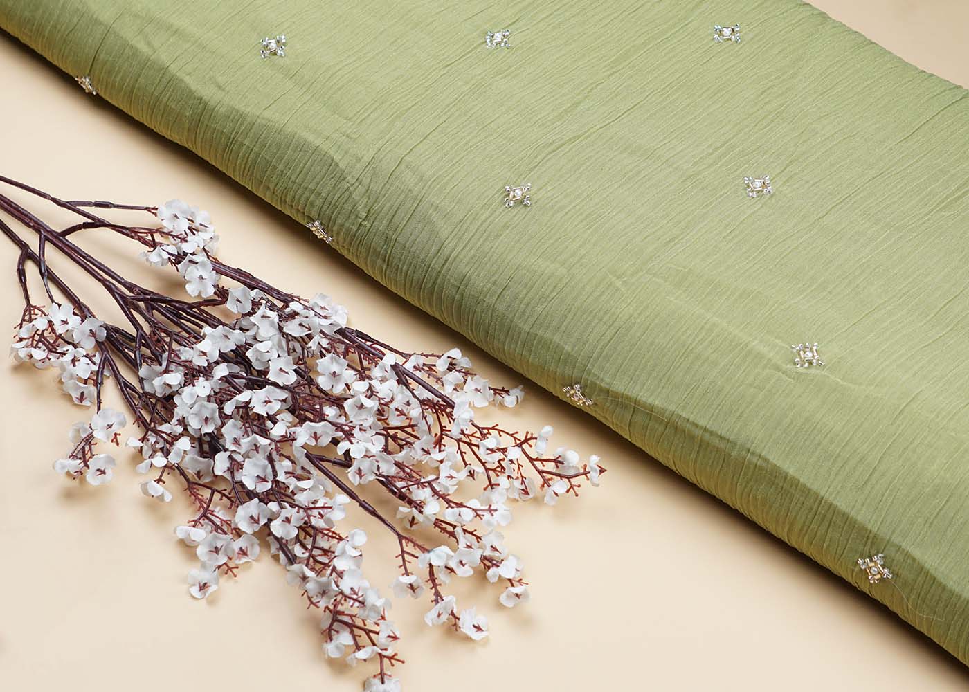 Olive Green Crushed Tissue Fabric With All Over Katdana And Bead Work