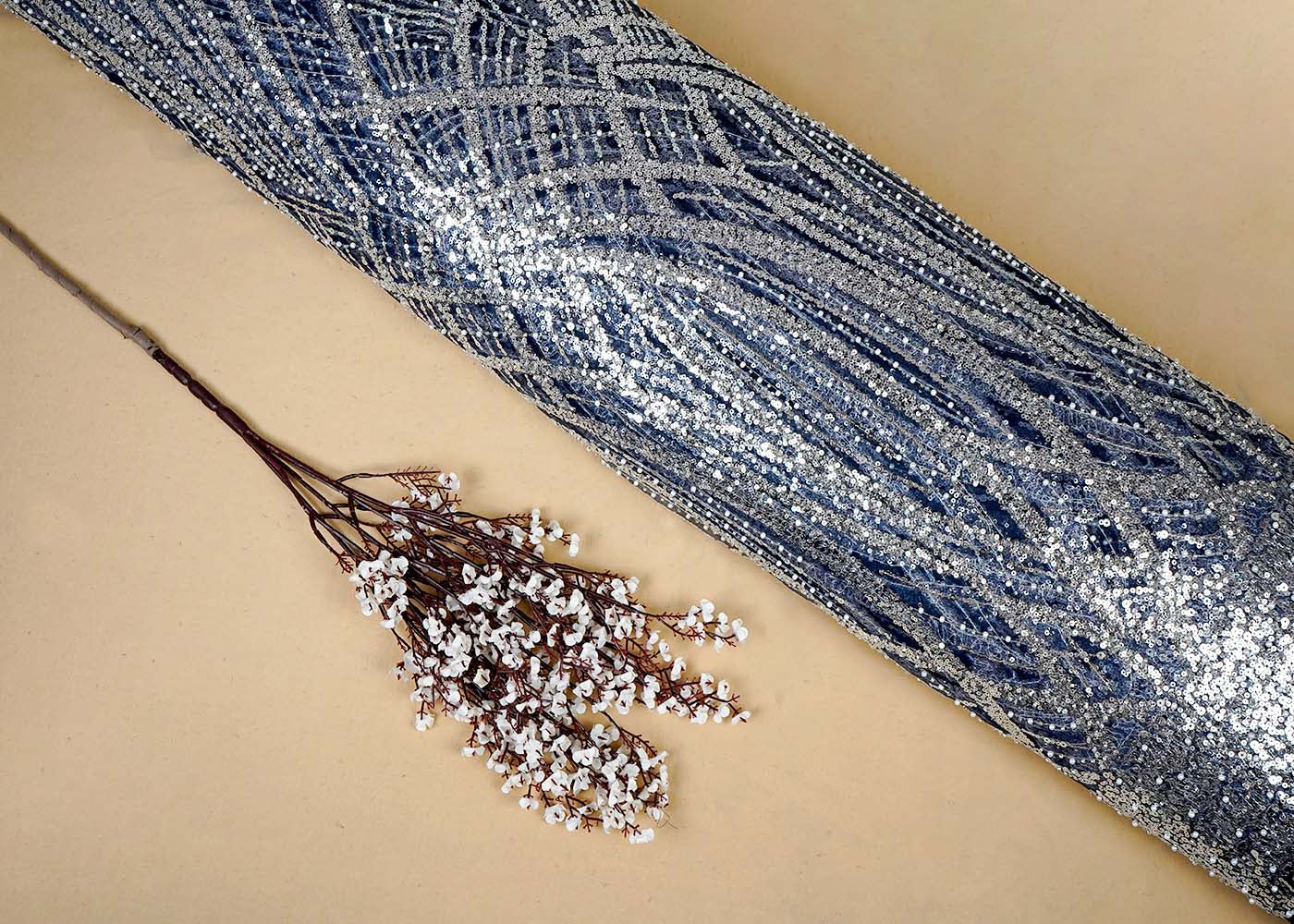 Navy Blue Imported Net Fabric With Allover Sequins Katdana and Pearl W
