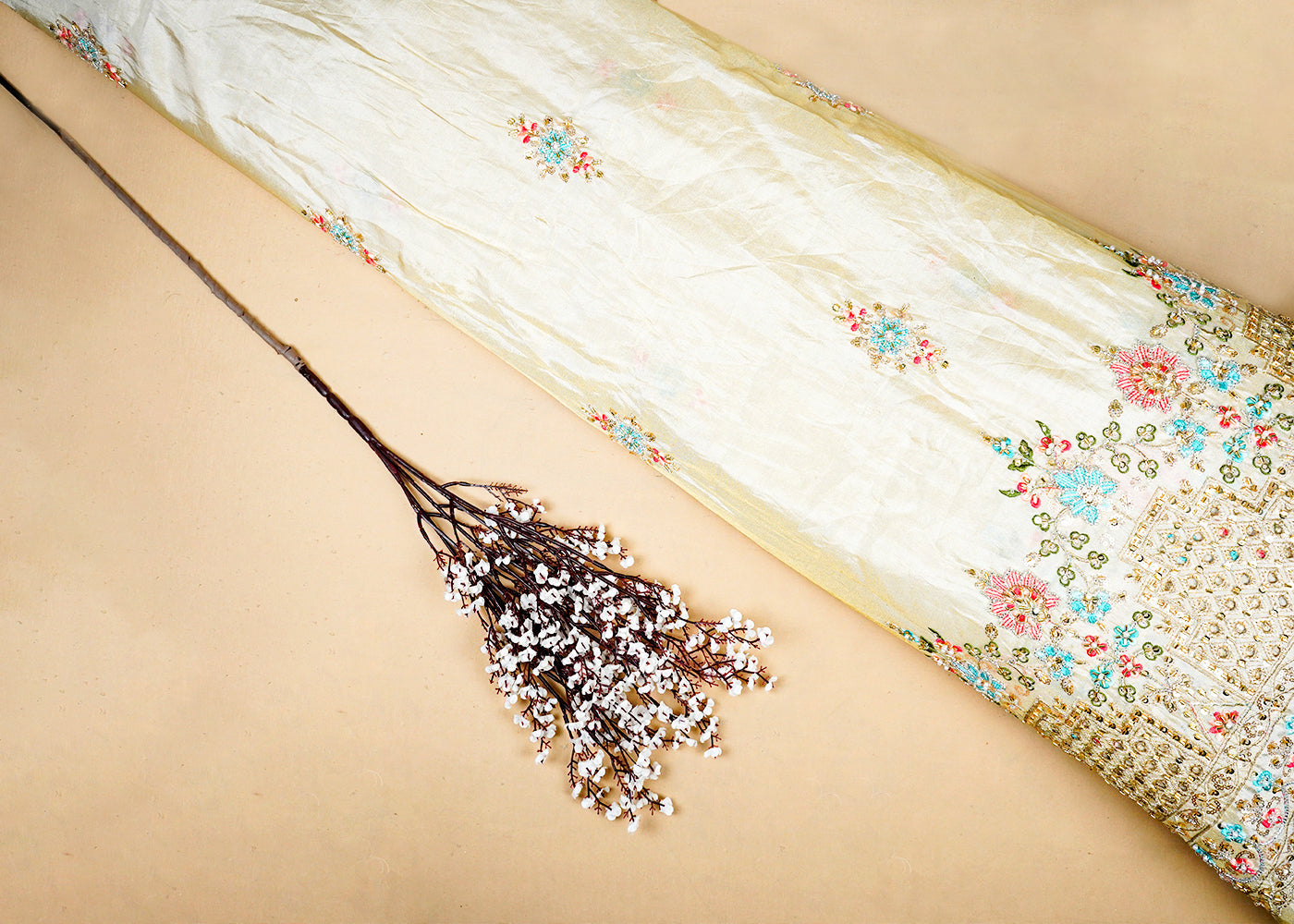 Golden Tissue Fabric Allover Katdana And Thread Work With Heavy Border