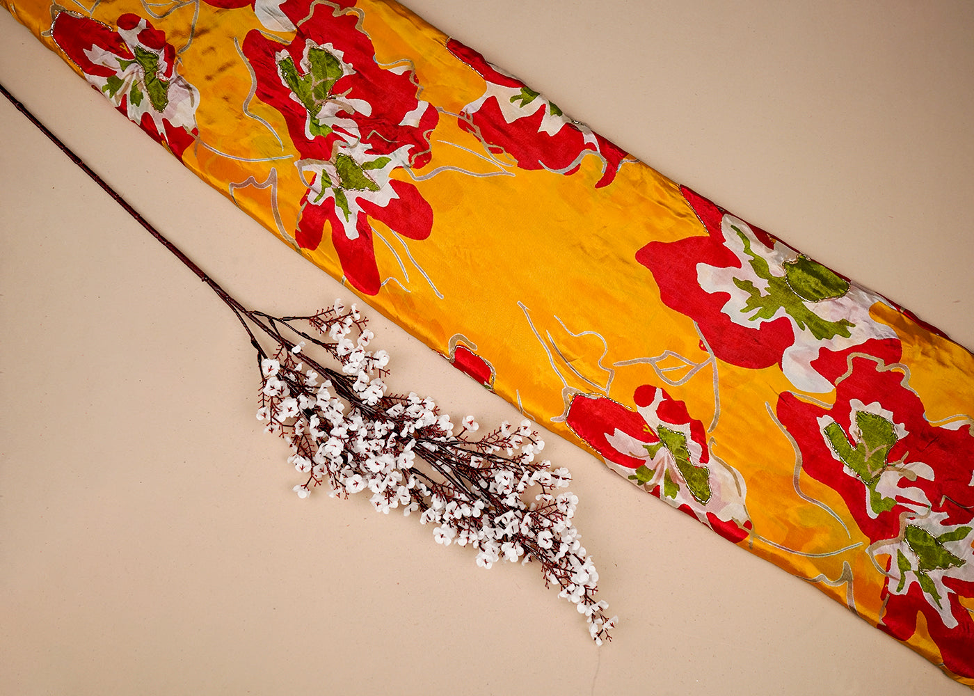 Yellow Crepe Fabric With All Over Floral Print And Katdana, Sequins Wo