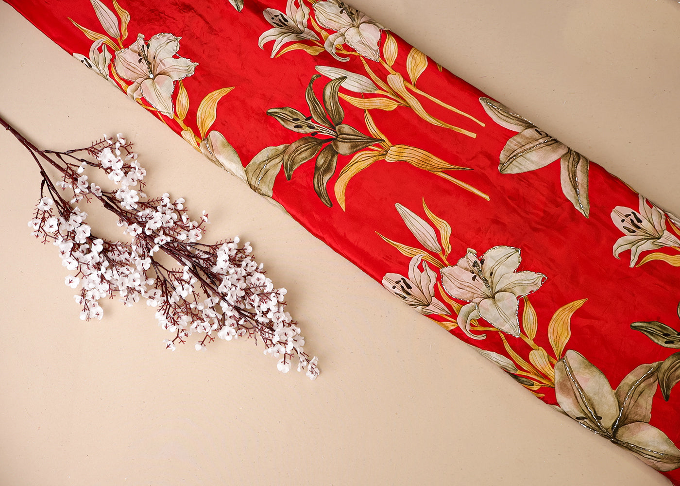 Red Crepe Fabric With All Over Floral Print And Katdana Work 16527