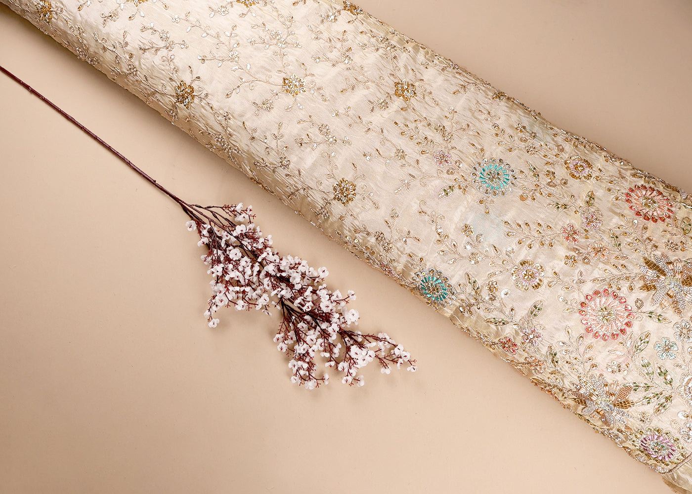 Golden Tissue Fabric With All Over Thread, Zari, Sequins, Bead And Kat