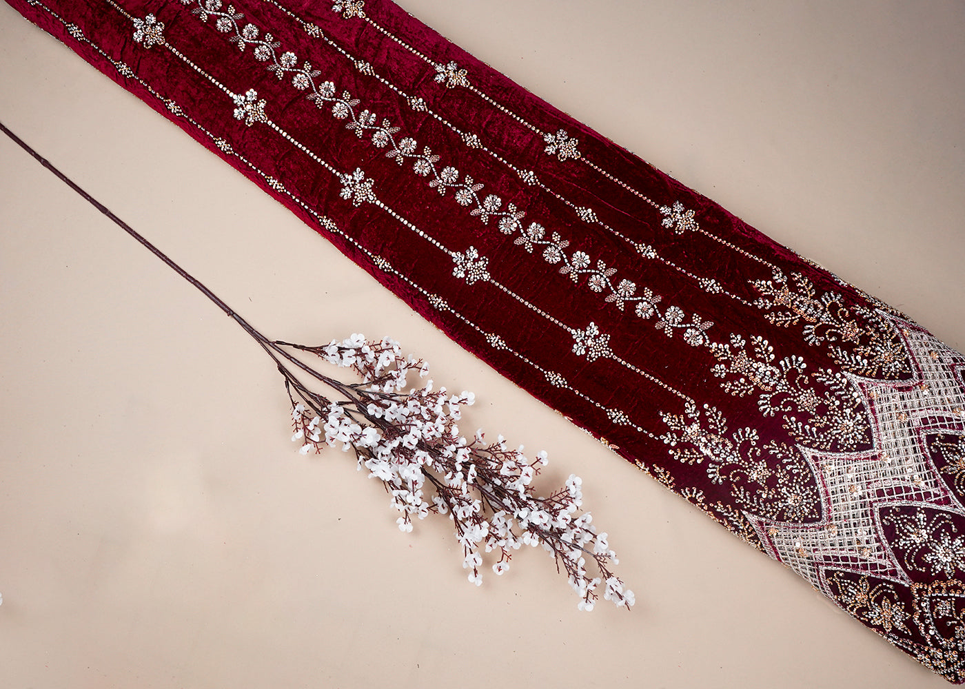 Maroon Velvet Fabric With All Over Sequins, Bead And One Side Cutwork