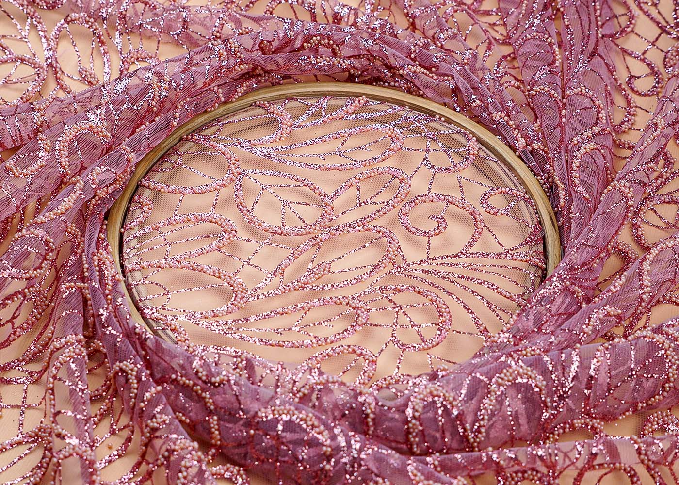 ( Pre-Cut 3.7 MTR) Pink Imported Net Fabric With All Over Gliter Work