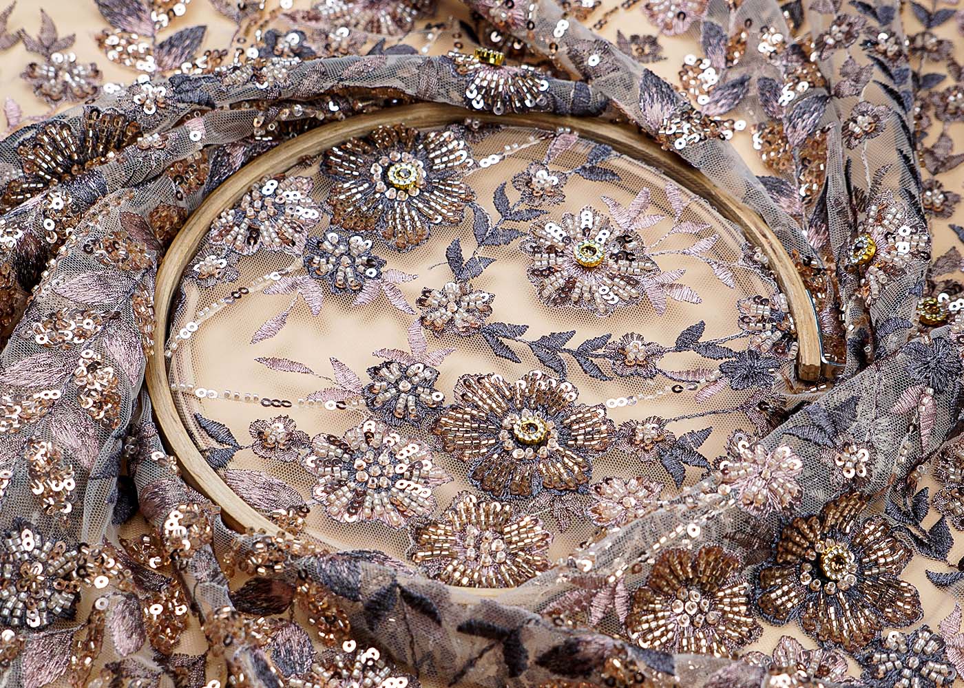 ( Pre-Cut 1 MTR) Golden Imported Net Fabric With All Over Thread Sequi