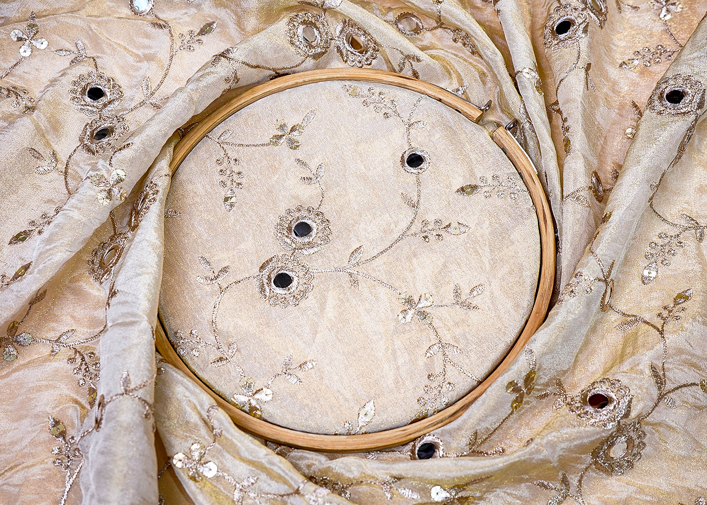 ( Pre-Cut 2.75 MTR) Golden Tissue Fabric With All Over Sequins, Thread