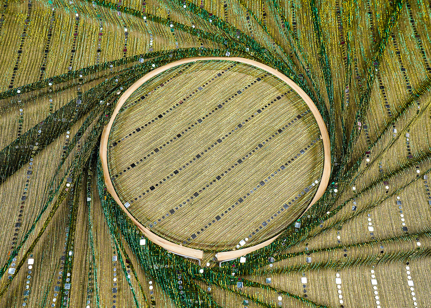 (Pre-Cut 3.5 MTR)Green Net Fabric With Allover Faux Mirror 18257