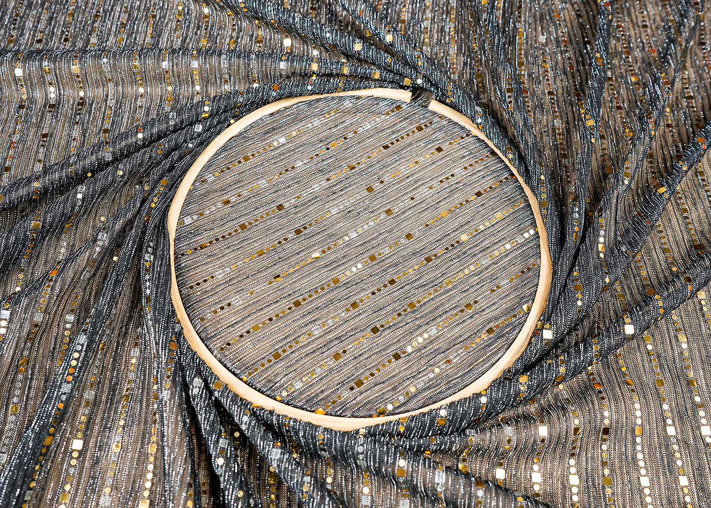 (Pre-Cut 2.9 MTR)Black Net Fabric With Abstract Faux Mirror 18262