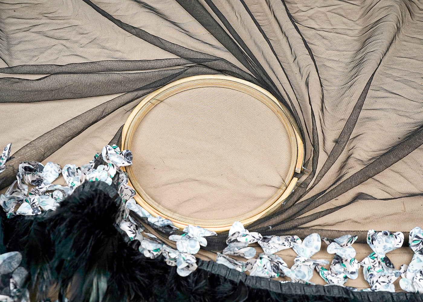 (Pre-Cut 1.75 MTR) Black Net Fabric With One Side Heavy Feather Border