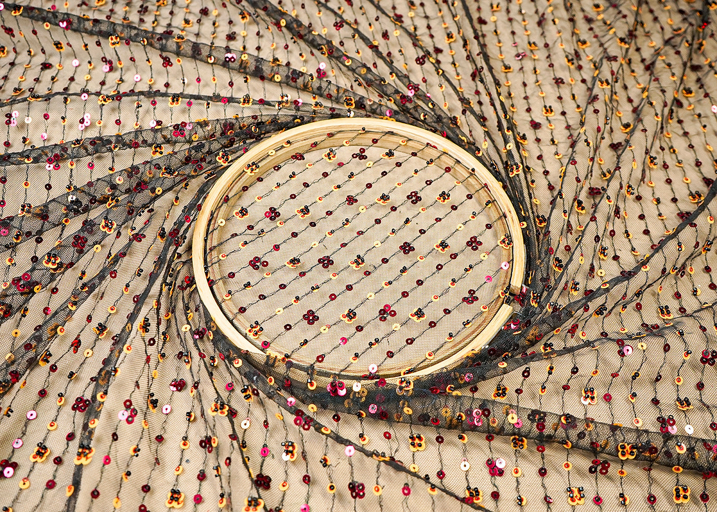 (Pre-Cut 2 MTR) Black Net Fabric With All Over Sequins And Katdana Wor